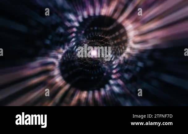 Abstract radiating glow purple light wire mesh vortex tunnel with center optical flare light ...