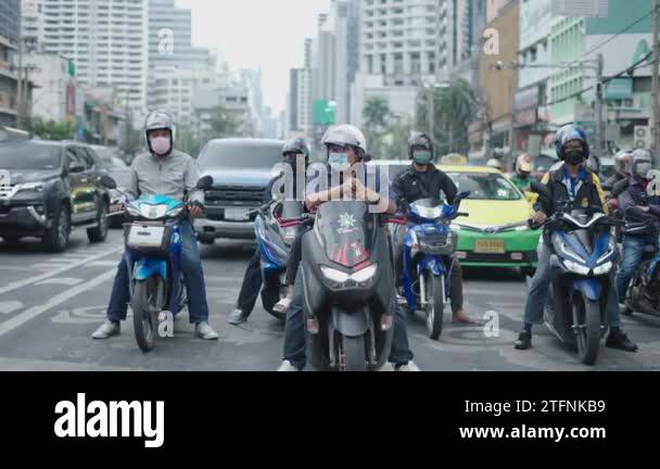 Cars And Riders On Motorcycles Stop And Waiting At The Traffic Light To ...