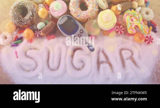 Animation of sugar text over glucose meter and sweets. health care ...
