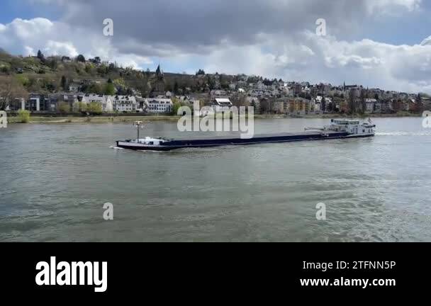 Koblenz, Germany April 2022: Industrial barge transporting gravel on ...