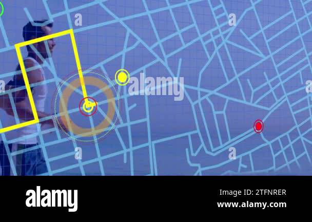 Navigation map line scheme over caucasian fit man running against grey ...