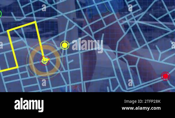 Navigation map line scheme against caucasian fit woman running on the ...
