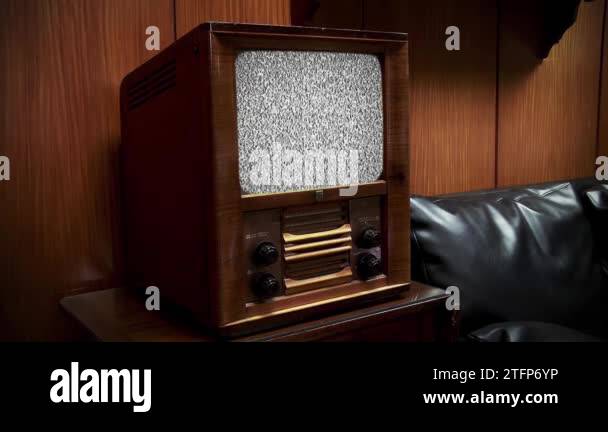 Old 1950s Television Set Turning On Screen with Static Noise. Closeup ...