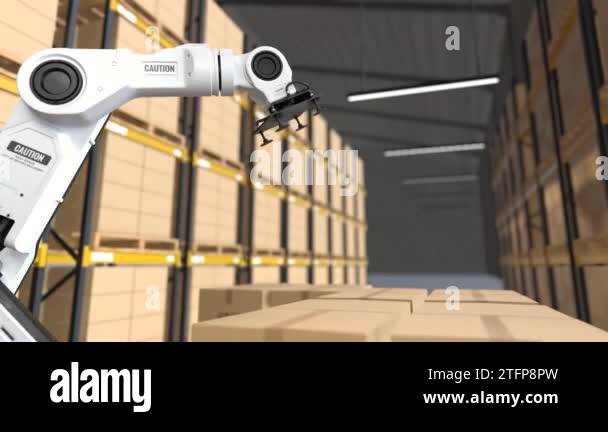 Robot arm picking up the cardboard box in the warehouse, Automation ...