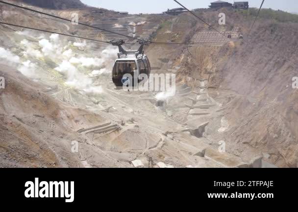 Ropeway going over sulfur mine in Owakudani. Gate to hell Stock Video ...