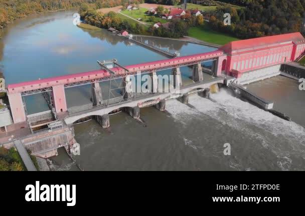 Gateway on Rhine river. Sluice gates at river dam. Large river dam with ...
