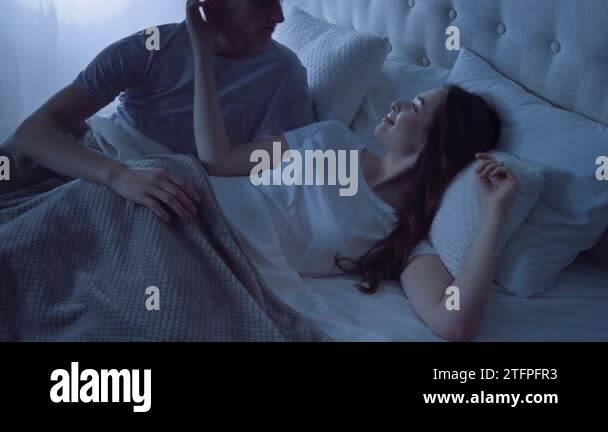 Couple Sleeping in Bed Cuddle at Night. Man Hugging Girl. Couple in Bed ...