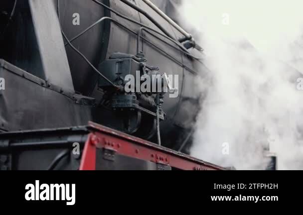 Vintage steam train locomotive. Pair locomotive train leaking smoke ...