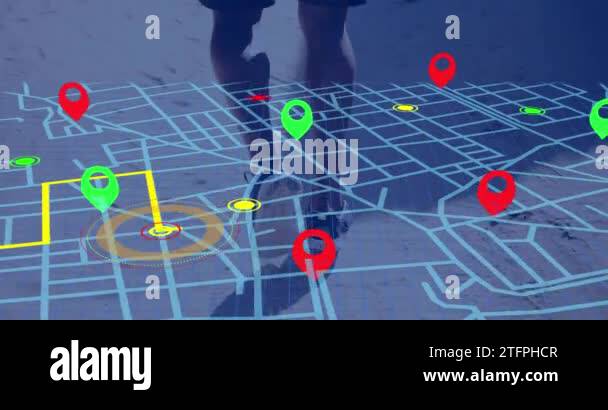 Navigator pin over navigation map line scheme against low section of ...