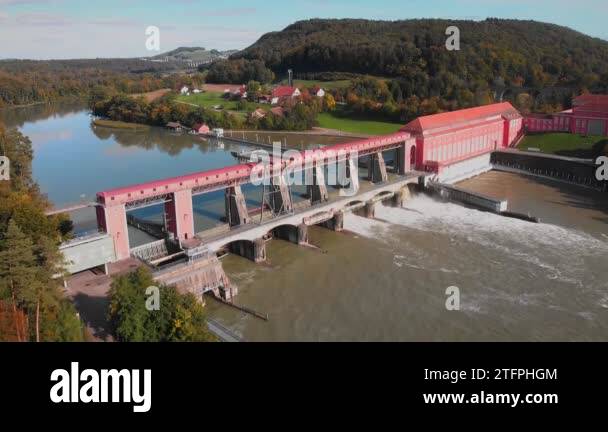 River dam, aerial drone shot. Dam on Rhine river. Dam with flowing ...
