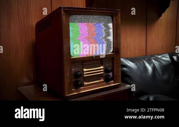 Old 1950s Television Set Turning On Screen with Static Noise and Color ...