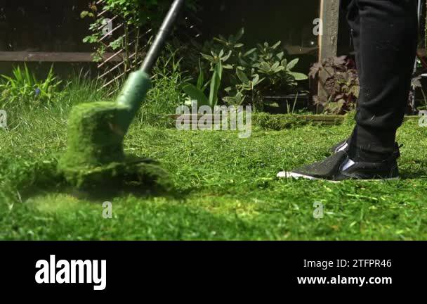Lawn mower cutting grass. Small Green grass cuttings fly out of ...