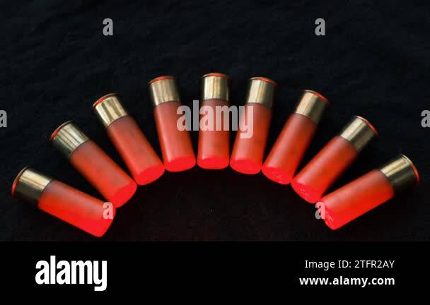 Red Shotgun shells on a black surface. Ammunition for 12 gauge ...