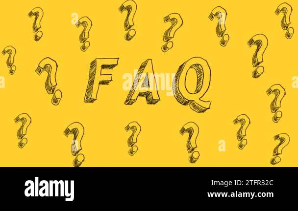 Hand drawing and animated question marks and text FAQ on yellow. Stop ...