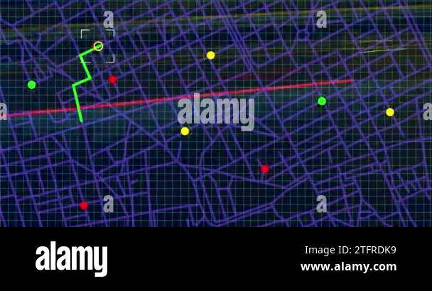 Glitch effect over navigation map line scheme against night city ...