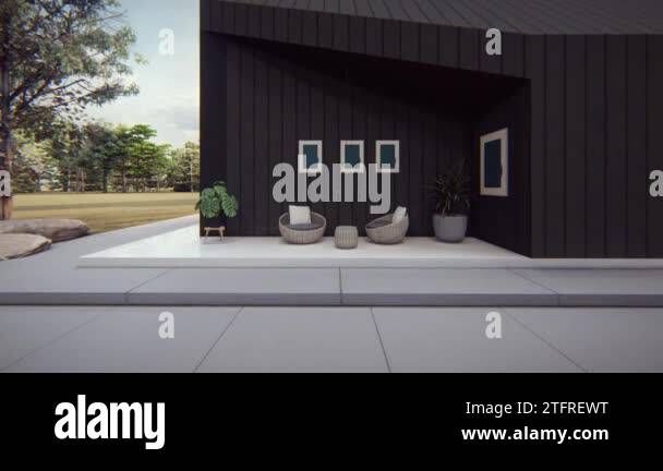 outdoor lounge in black modern luxury house with architecture design 3d ...