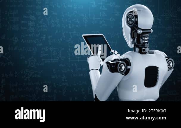 Robot hominoid using tablet computer for engineering science studying using AI thinking brain ...