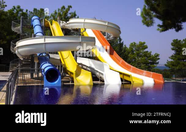 Aquapark amusement rides and swimming pool next to the sea in Turkey ...