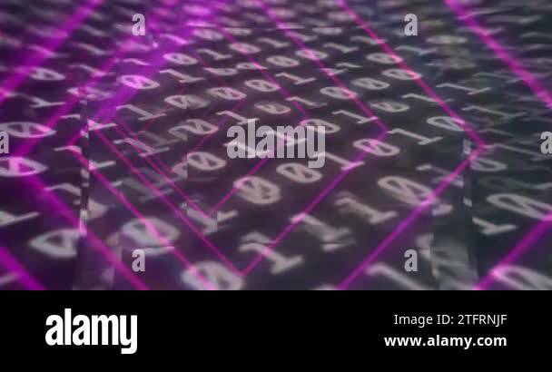 Animation of tunnel with neon shapes over binary coding on black background. global technology ...