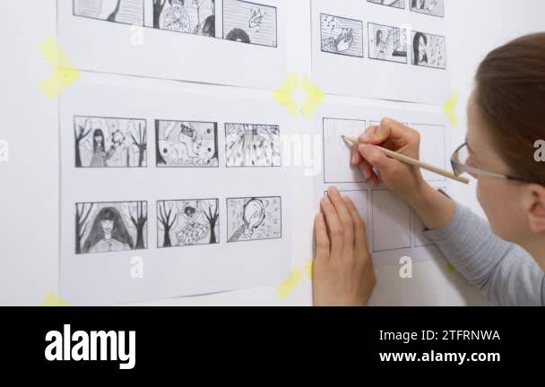 An artist draws cartoon characters storyboard frames. Sketches of ...