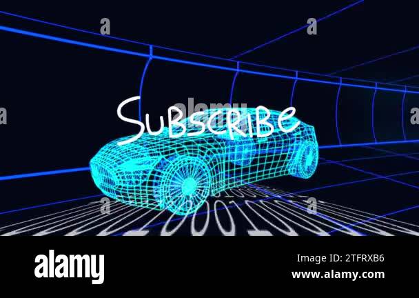 Animation of subscribe text over digital van and lines on black ...