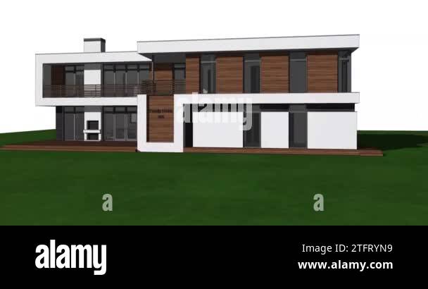4K video rendering of a modern house with a flat roof. Frame model of ...