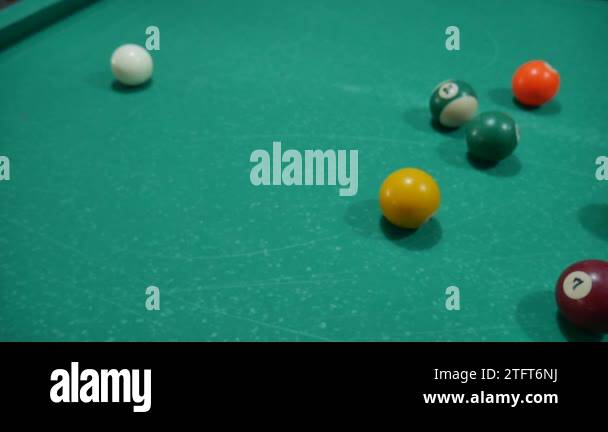 game of billiards with colored and numbered balls. 8 ball. green table ...