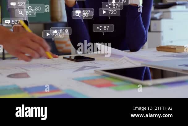 Animation of social media icons with growing numbers over diverse ...