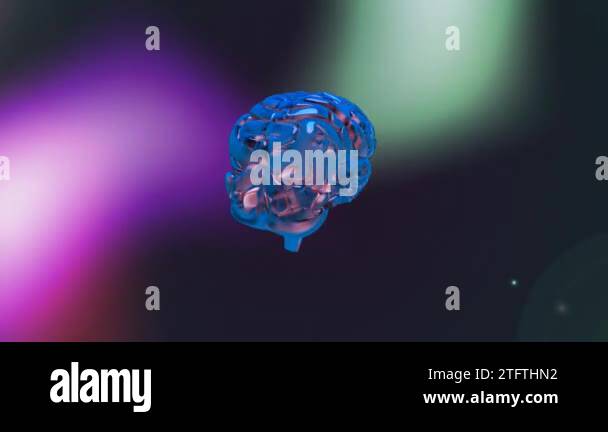 Metallic blue human brain spinning against colorful spots on grey ...