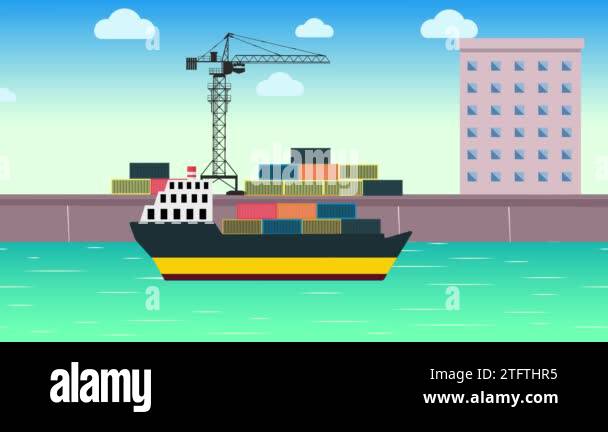Transporting cargo with a ship 4K animation. Ship loading cargo ...