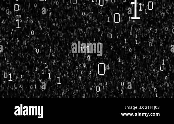 Digital technology binary code flying on isolated black background. Particle of big data ...