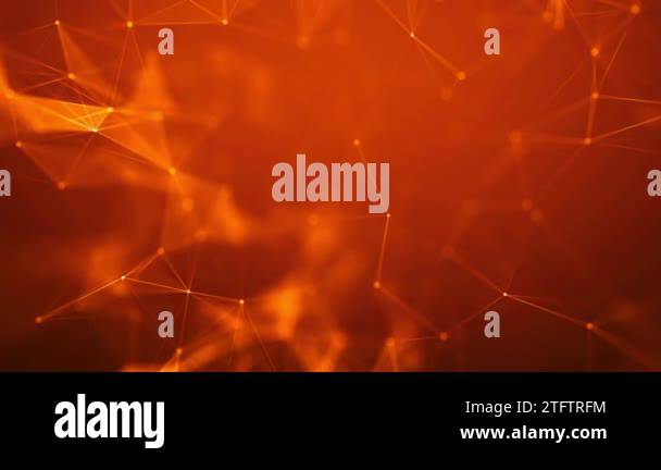 Abstract connection of digital plexus moving red dots and lines with depth of field on a red ...