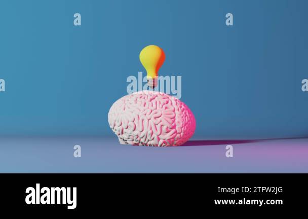 Human brain yellow light bulb neon background 3d animation. Creative ...
