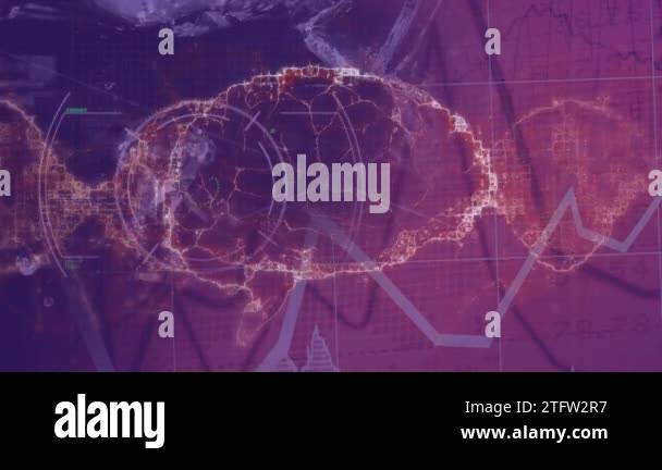 Animation of scope scanning over human brain icon spinning against purple background. Medical ...