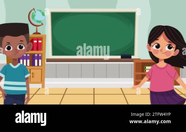 little students kids couple in classroom animation ,4k video animated ...