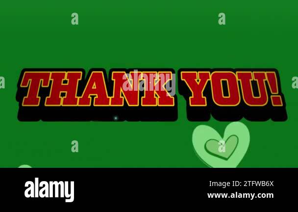 Animation of grid and falling hearts and thank you text over green ...