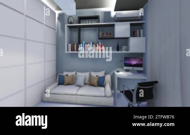 Simple drawing room design with sofa, tv station and computer desk. 3d ...