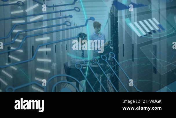 Animation of scope scanning with 5g text over diverse people in server room. Global technology ...