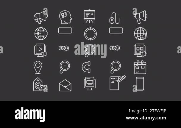 Animated Promo White Line Icons Set Marketing Promotion Social Media