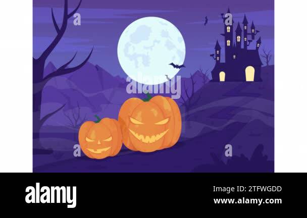 Animated haunted castle illustration. Wicked pumpkins. Residence on ...
