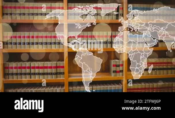 Animation of spots and world map over books in library. global business ...
