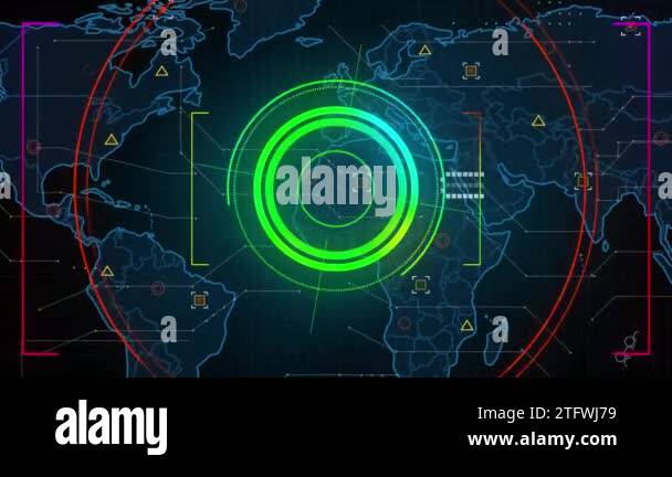 Animation of scope, markers and data processing over world map. global online security, digital ...