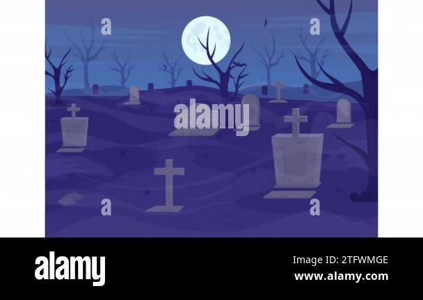 Animated cemetery illustration. Haunted graveyard. Nighttime horror ...