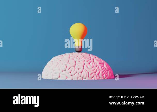 Human brain yellow light bulb neon background 3d animation. Creative ...