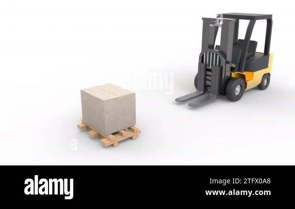Forklift moving and lifting up cardboard box pallet on white background ...