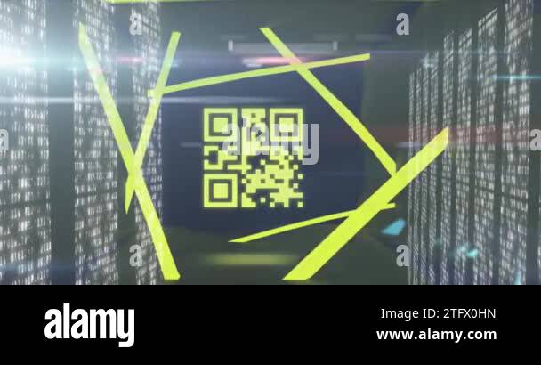 Animation of qr code over neon shapes and moving columns on black background. data processing ...