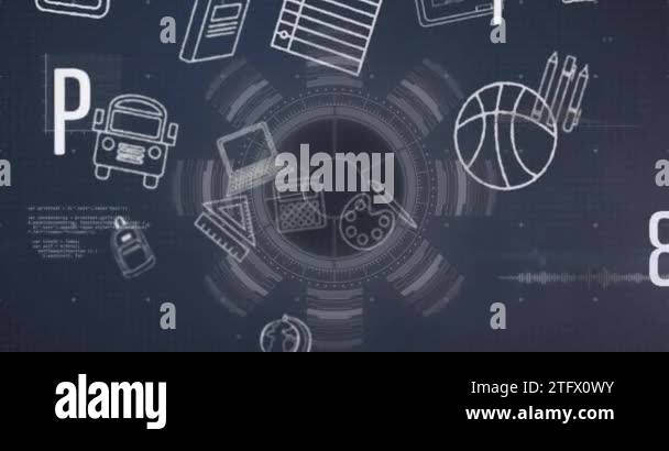 Animation of scan scoping and falling icons over black background ...