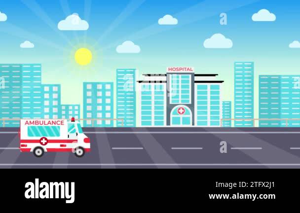 Ambulance coming to the hospital on an urban area 4K animation. An ...
