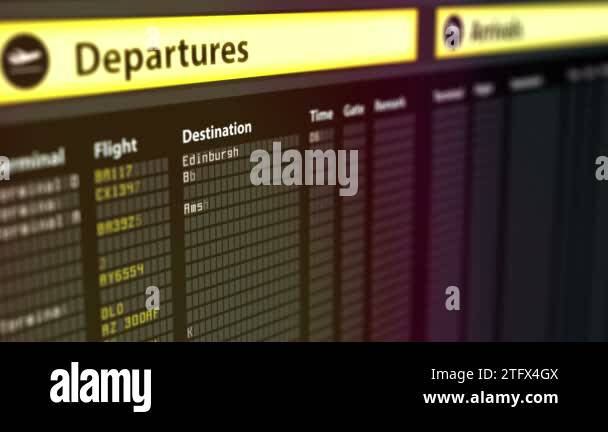 Departures sign board with flight information, destination cities on ...