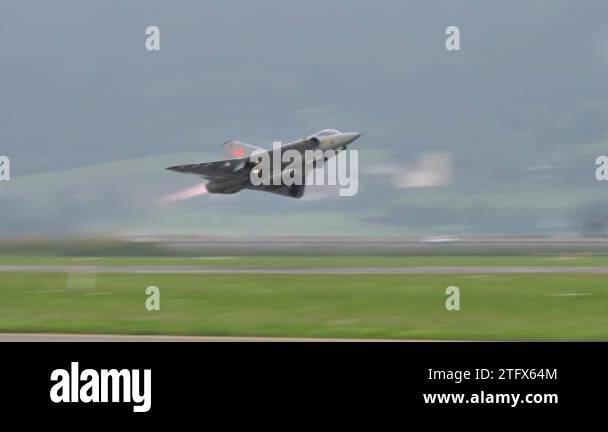 Strange innovative combat fighter jet aircraft take off with full ...